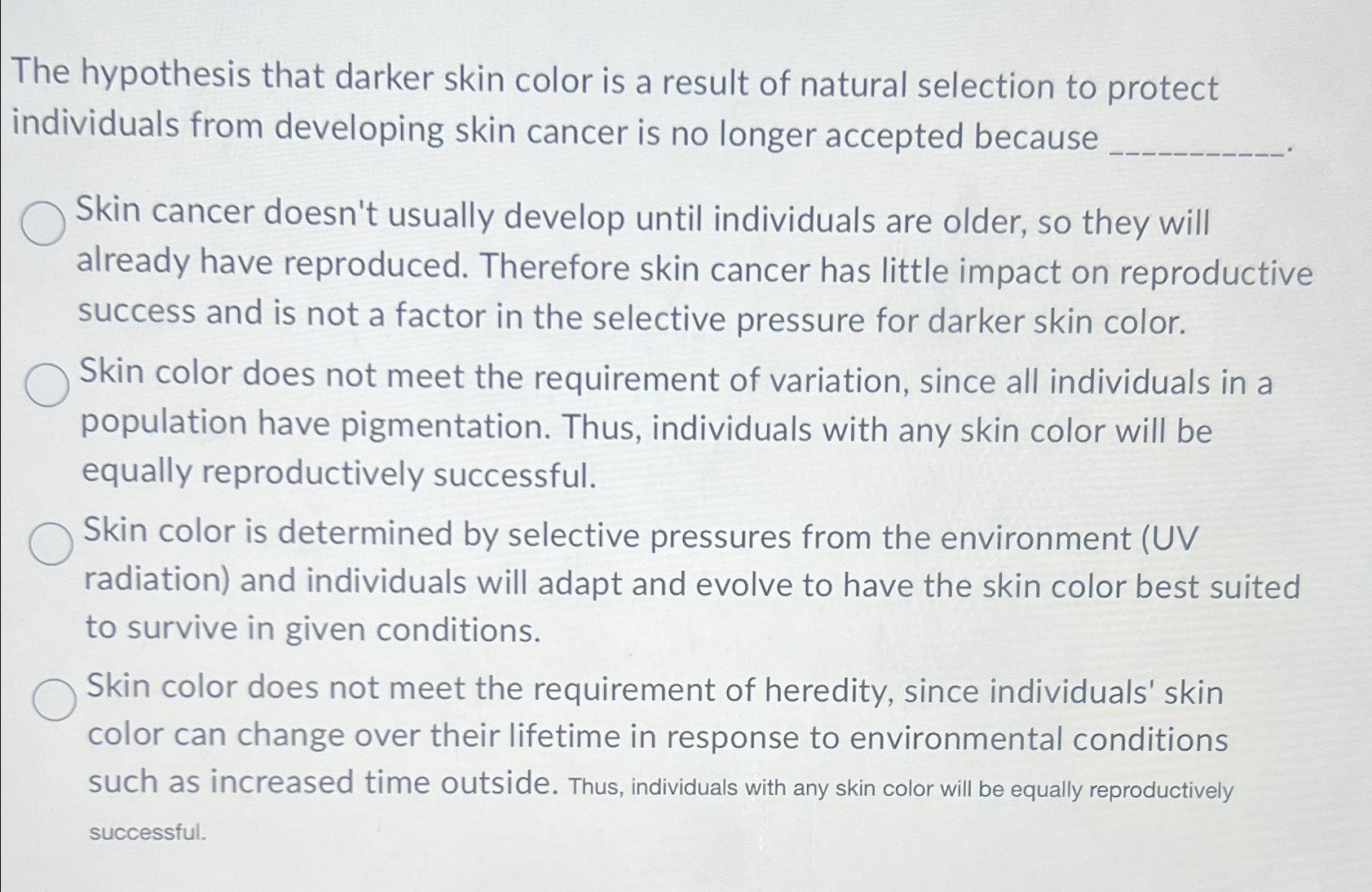 Solved The hypothesis that darker skin color is a result of | Chegg.com