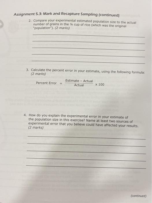 Assignment 5.3: Mark and Recapture Sampling (20 | Chegg.com