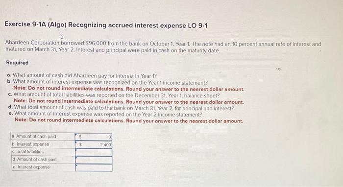 Solved Exercise 9-1A (Algo) Recognizing accrued interest | Chegg.com
