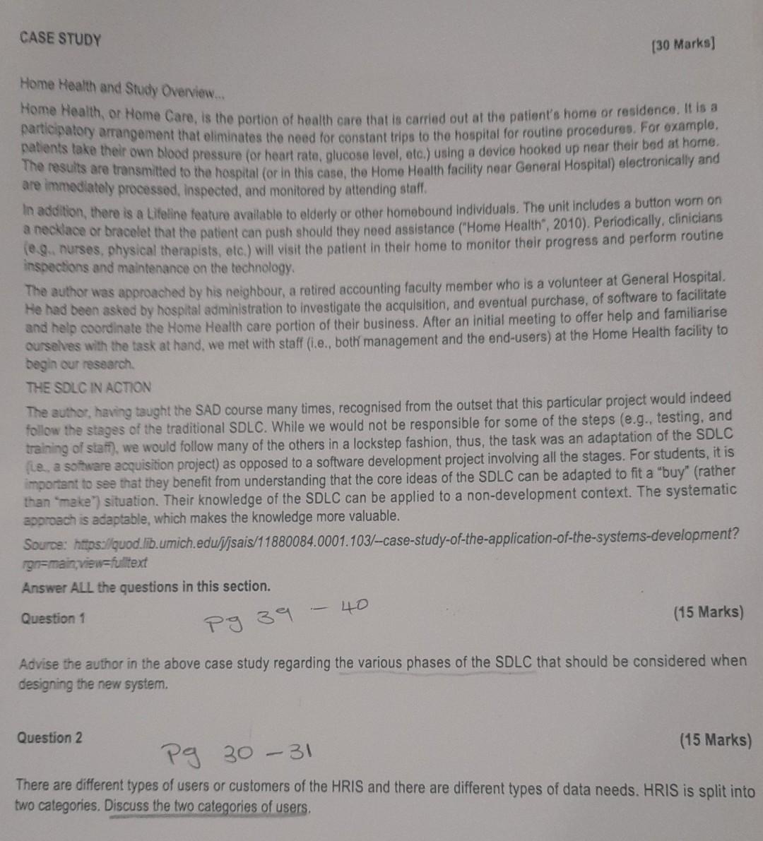 CASE STUDY [30 Marks] Home Health and Study | Chegg.com