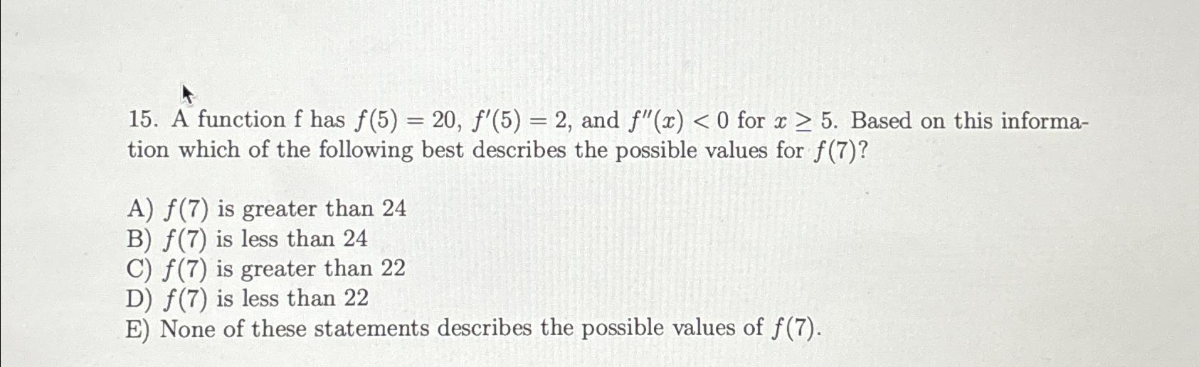 A function f ﻿has f(5)=20,f'(5)=2, ﻿and f''(x)