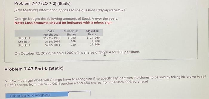 Solved Problem 7-47 (LO 7-2) (Static) [The following | Chegg.com