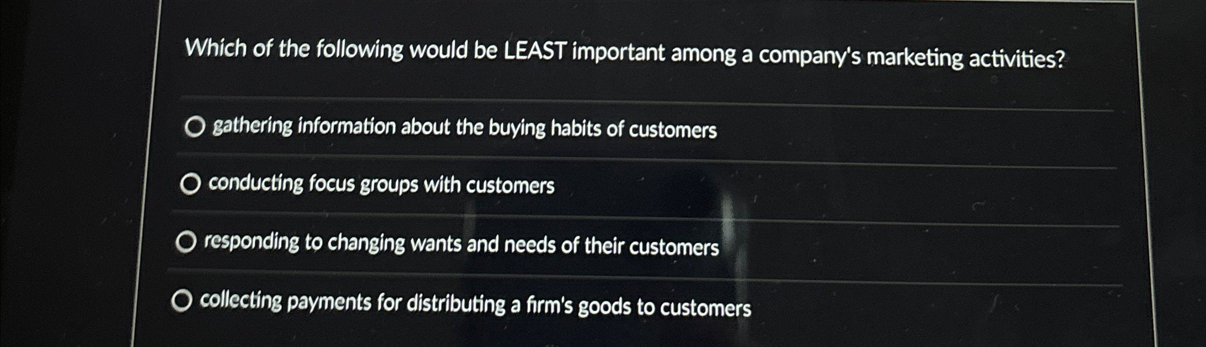 Solved Which of the following would be LEAST important among | Chegg.com