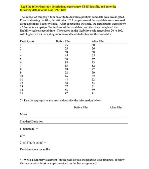 Solved Read the following study description, create a new | Chegg.com