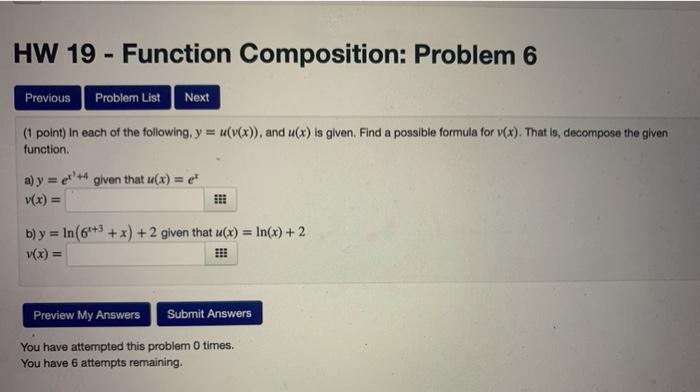 Solved HW 19 - Function Composition: Problem 6 Previous | Chegg.com