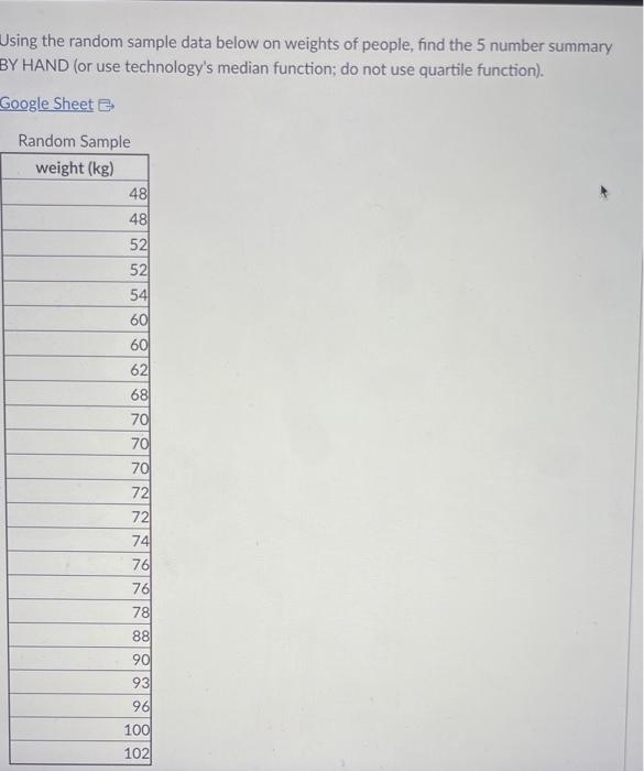 Solved Jsing the random sample data below on weights of | Chegg.com