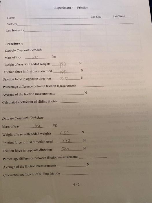 Experiment 4 - Friction Name Lab Day Lab Time | Chegg.com