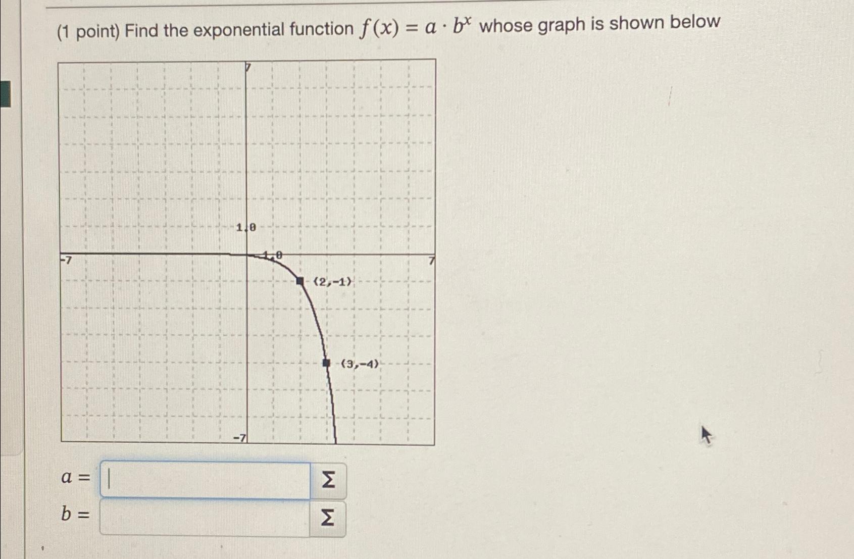 Solved (1 ﻿point) ﻿Find the exponential function f(x)=a*bx | Chegg.com