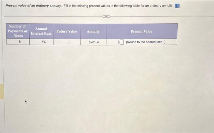 Solved Present value of an ordinary annuity. Fill in the | Chegg.com