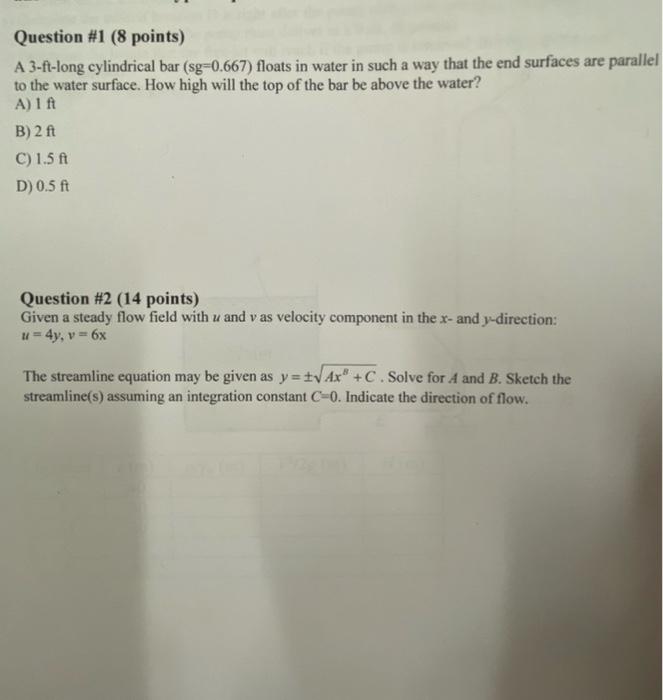 Solved A 3-ft-long cylindrical bar (sg=0.667) floats in | Chegg.com