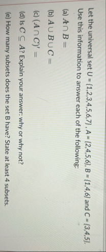 Solved Let the universal set | Chegg.com