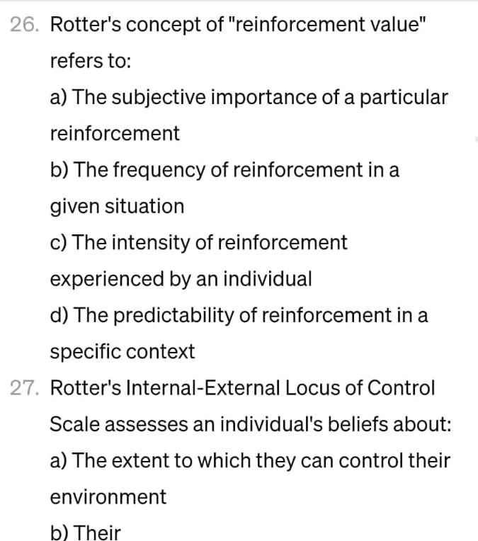Solved Rotter's concept of "reinforcement value" refers | Chegg.com