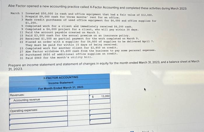 Solved Abe Factor opened a new accounting practice called | Chegg.com