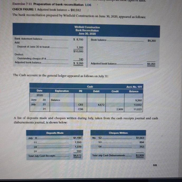 Solved Exercise 7-11 Preparation of bank reconciliation LOG | Chegg.com
