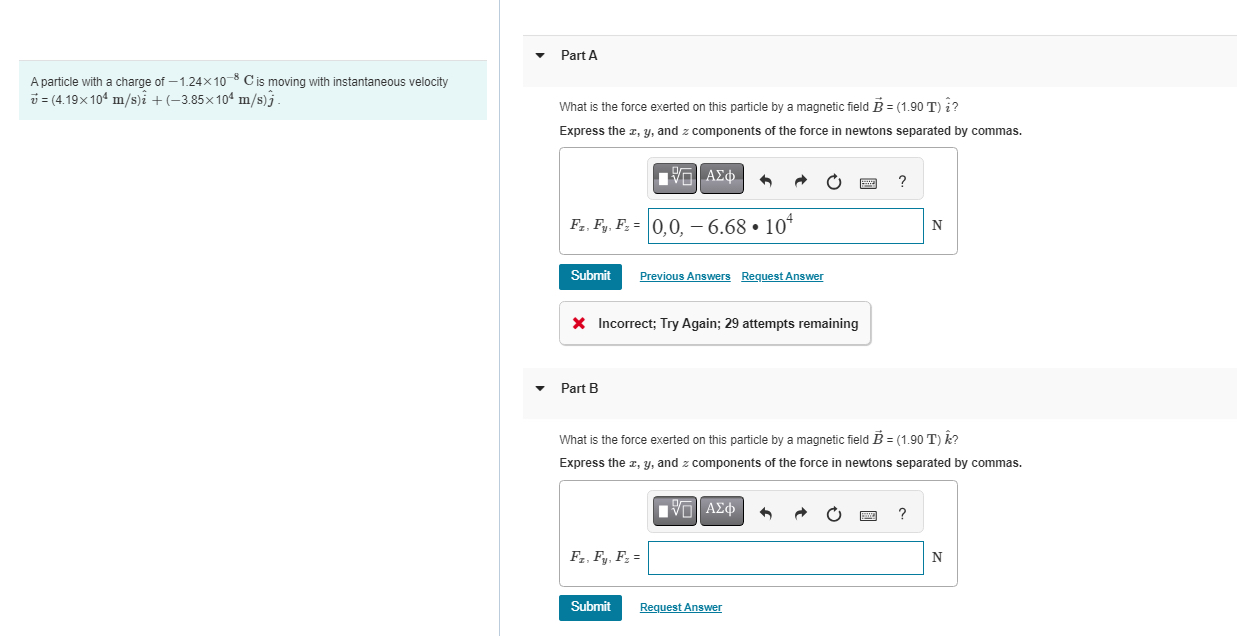 Solved A particle with a charge of -1.24×10-8C ﻿is moving | Chegg.com
