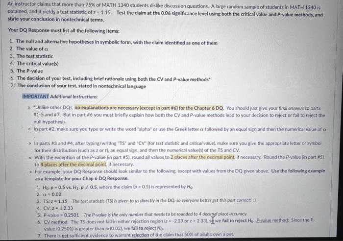Solved An instructor claims that more than 75% of MATH 1340 | Chegg.com