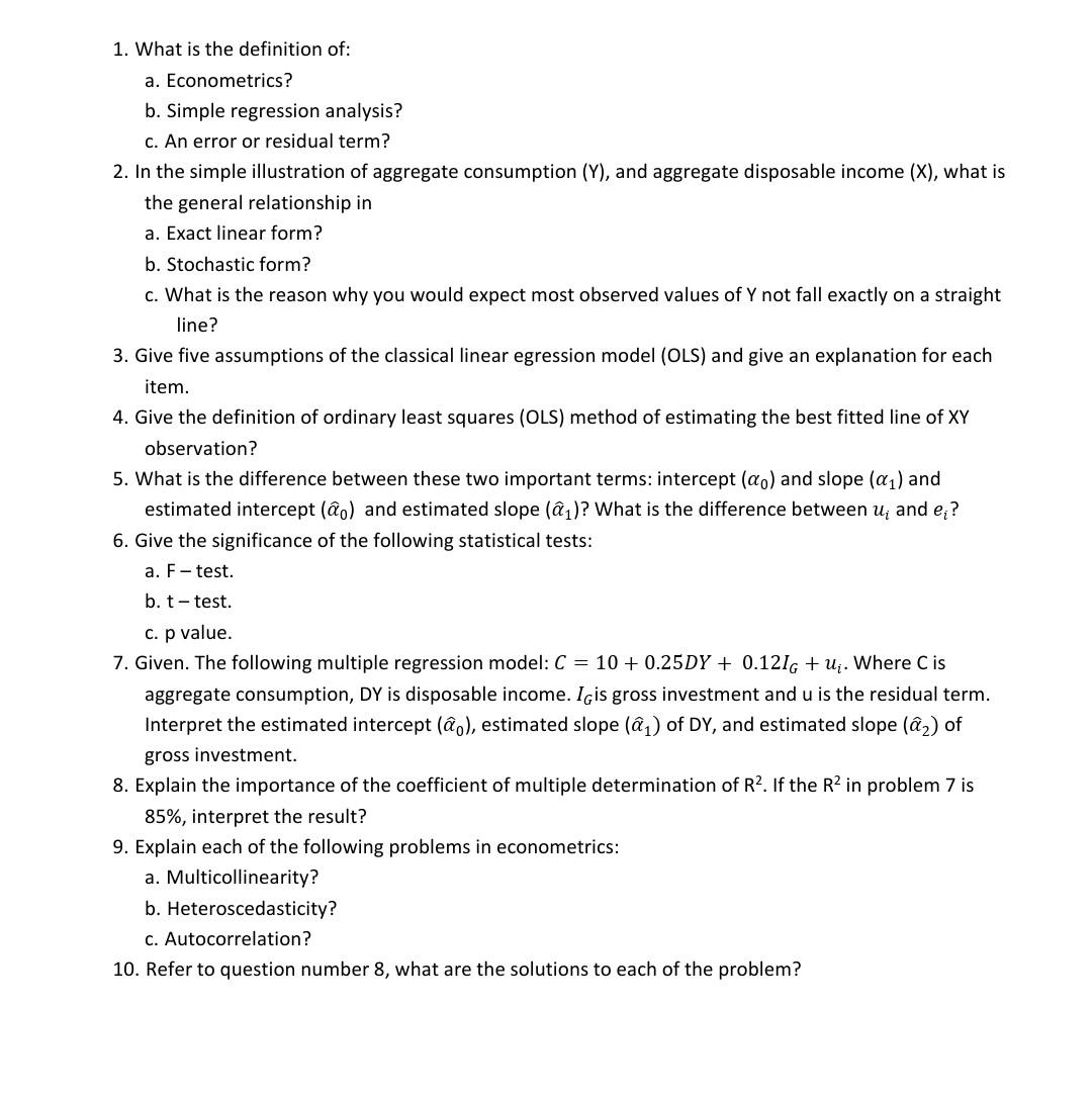 Solved 1. What is the definition of: a. Econometrics? b. | Chegg.com