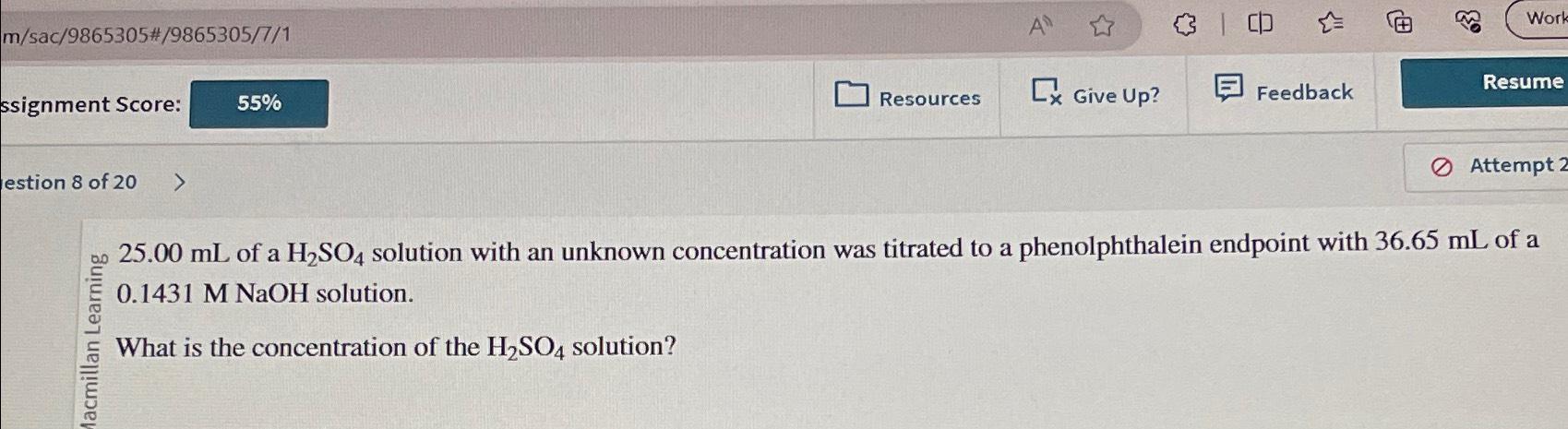 Solved 25.00mL ﻿of aH2SO4 ﻿solution with an unknown | Chegg.com