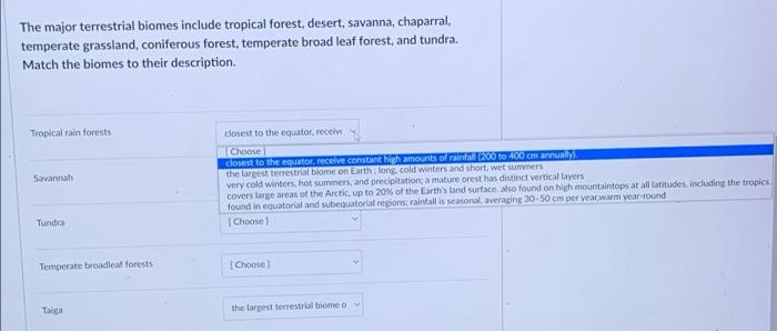 Solved The major terrestrial biomes include tropical forest, | Chegg.com