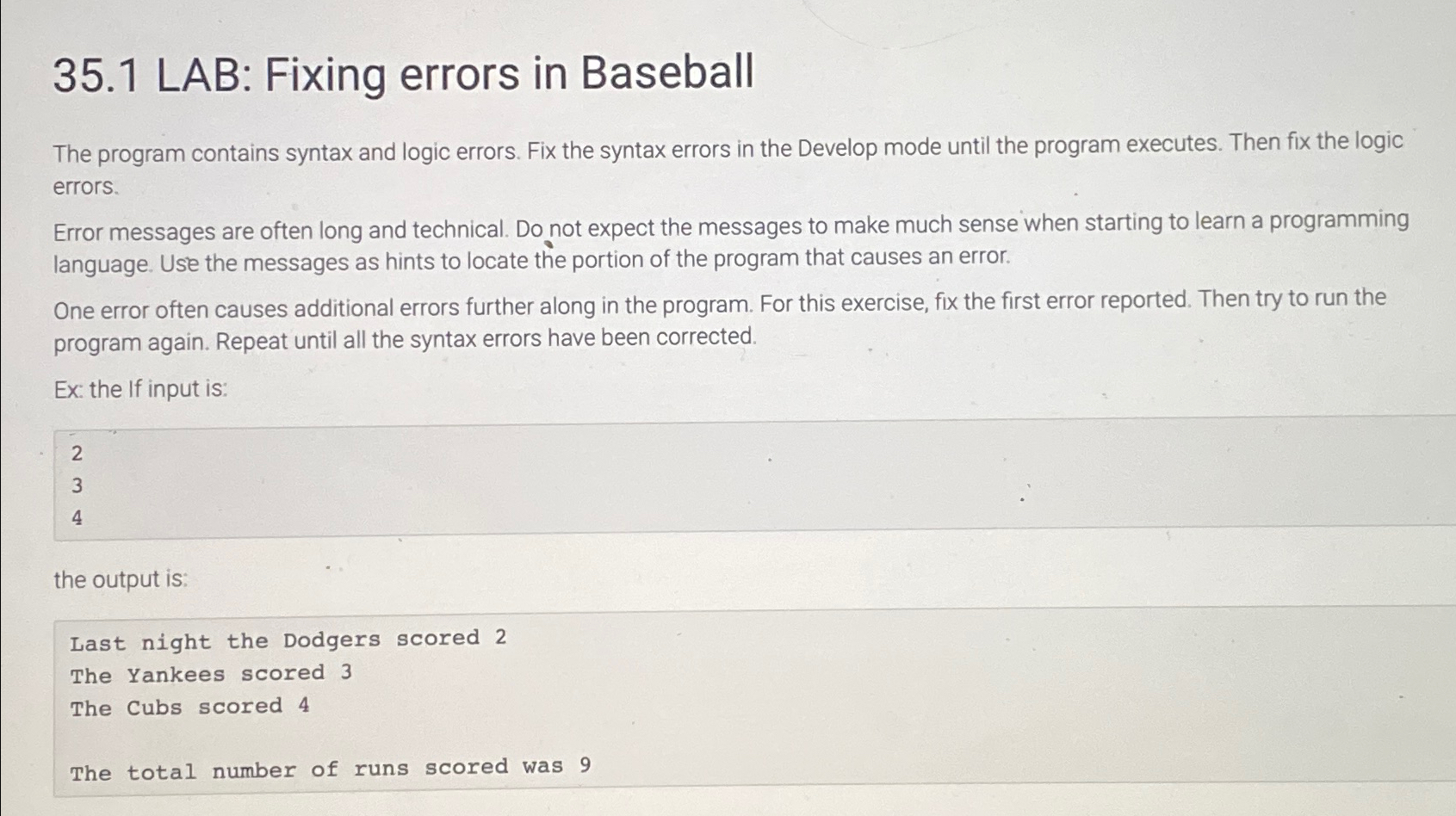 35.1 ﻿LAB: Fixing errors in BaseballThe program | Chegg.com