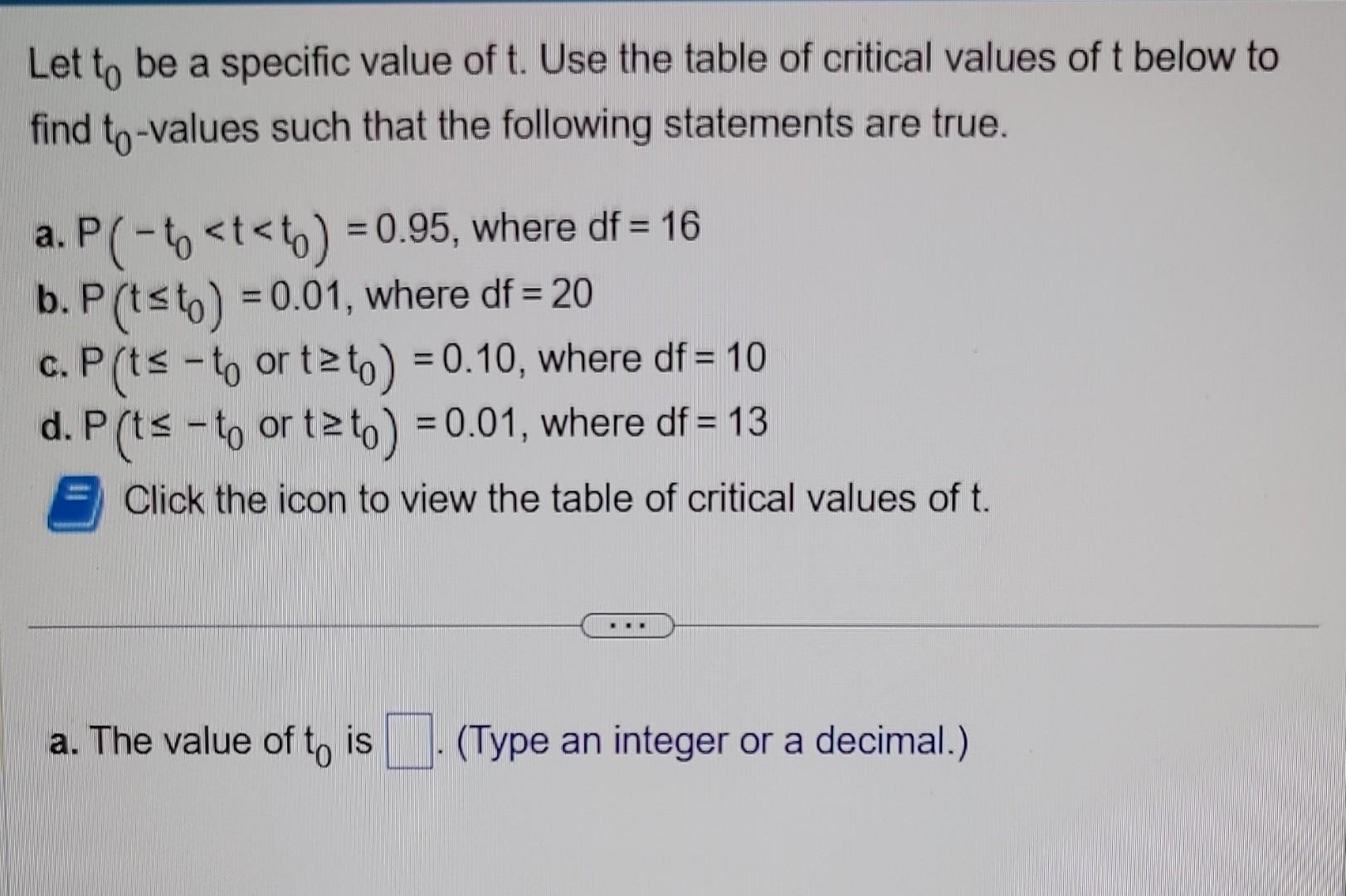 Solved Let t0 be a specific value of t. Use the table of | Chegg.com