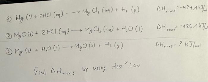 Solved (1) Mg(s)+2HCl(og) MgCl2(ag)+H2( g)ΔHm×1=−424.1 kJ% | Chegg.com