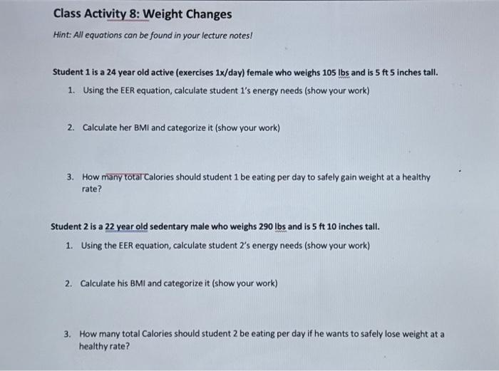 Solved Class Activity 8: Weight Changes Hint: All equations | Chegg.com