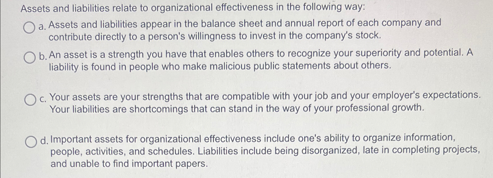 Solved Assets and liabilities relate to organizational | Chegg.com