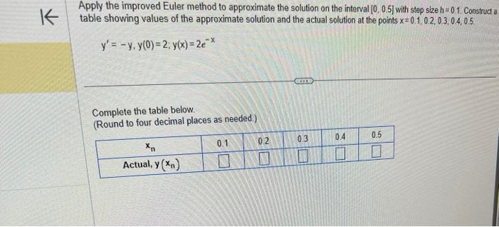 Solved Apply the improved Euler method to approximate the | Chegg.com