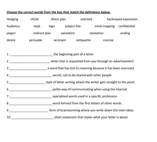 Solved Choose the correct words from the box that match the | Chegg.com