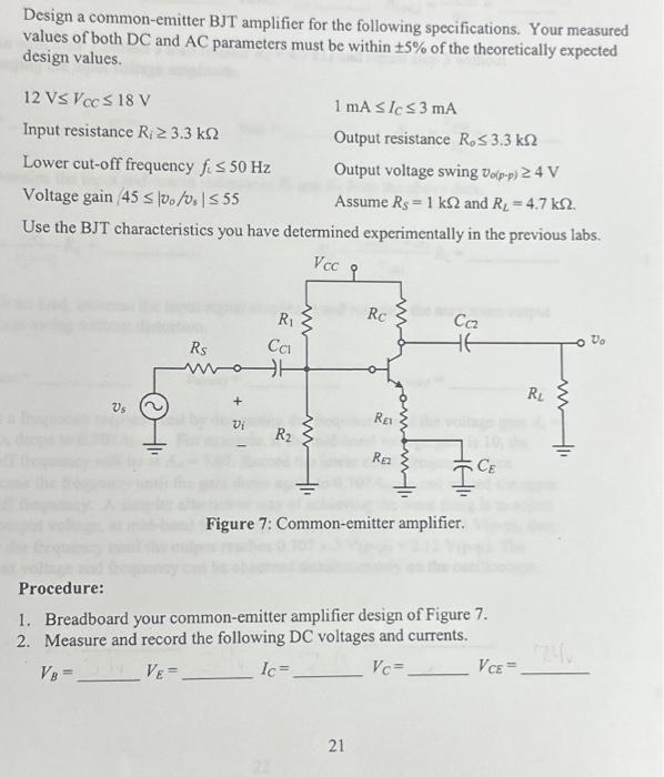 Solved Design a common-emitter BJT amplifier for the | Chegg.com