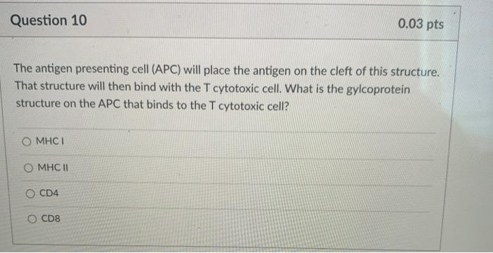Solved Question 10 0.03 pts The antigen presenting cell | Chegg.com