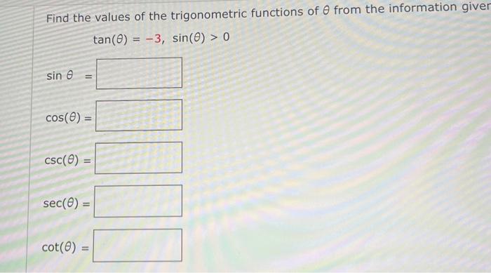 Solved Find the values of the trigonometric functions of θ | Chegg.com