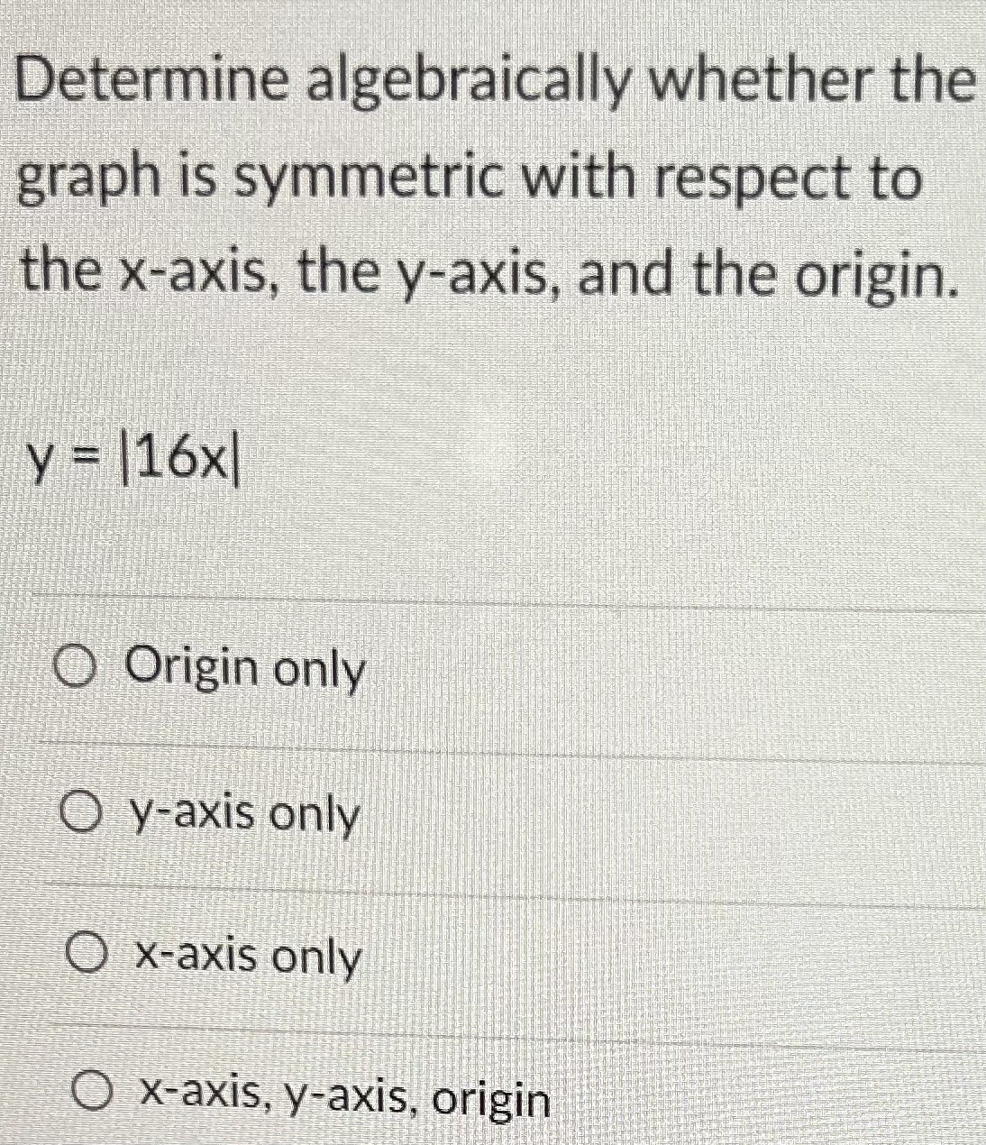 Solved Determine algebraically whether thegraph is symmetric | Chegg.com