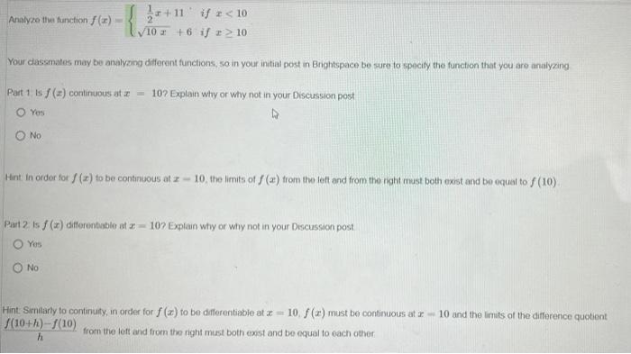 Solved Analyze the function f(x)={21x+1110x+6 if x