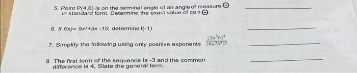 Solved 5. Point P(4,6) is on the terminal angle of an angle | Chegg.com