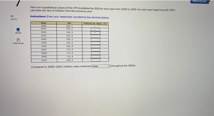 Solved my work Here are hypothetical values of the CPI | Chegg.com