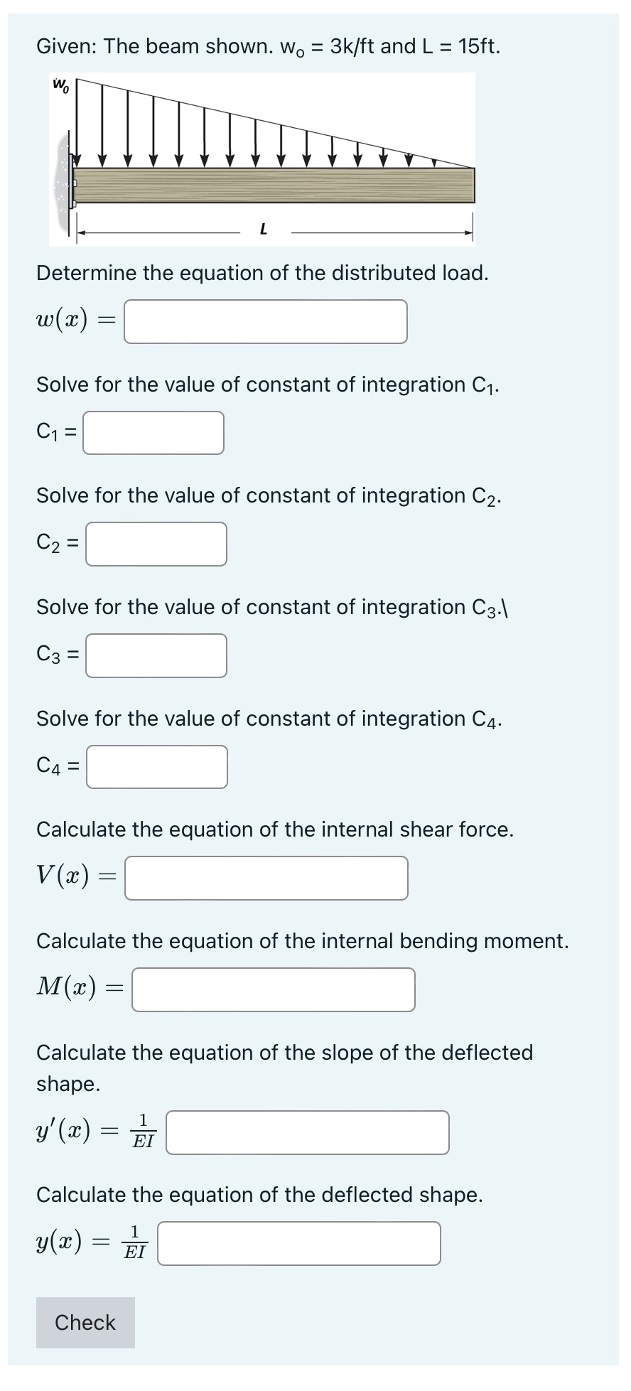 Solved Given: The beam shown. w0=3kft ﻿and L=15ft.Determine | Chegg.com