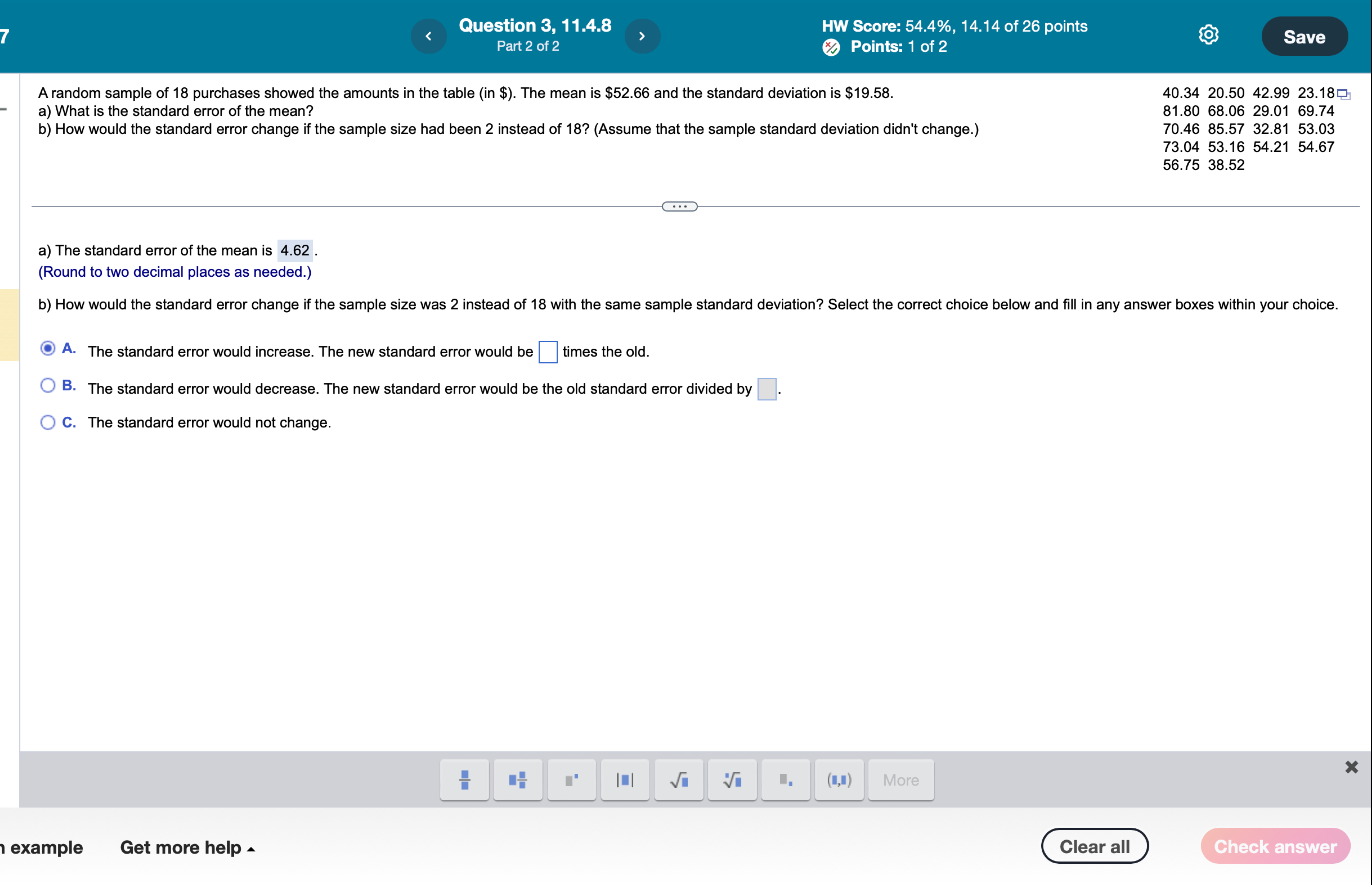 Solved A random sample of 18 ﻿purchases showed the amounts | Chegg.com