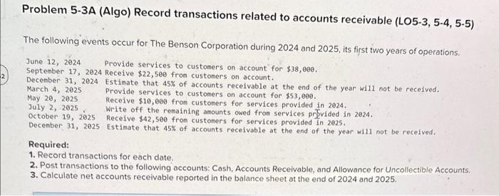 Solved Problem 5-3A (Algo) Record transactions related to | Chegg.com
