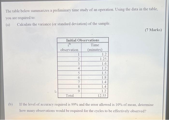 Solved The table below summarizes a preliminary time study | Chegg.com