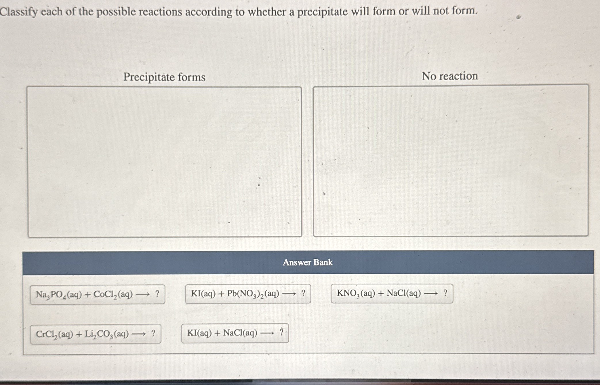 Solved Classify each of the possible reactions according to | Chegg.com