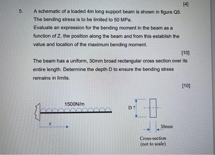 Solved 5. 5 [4] A schematic of a loaded 4m long support beam | Chegg.com