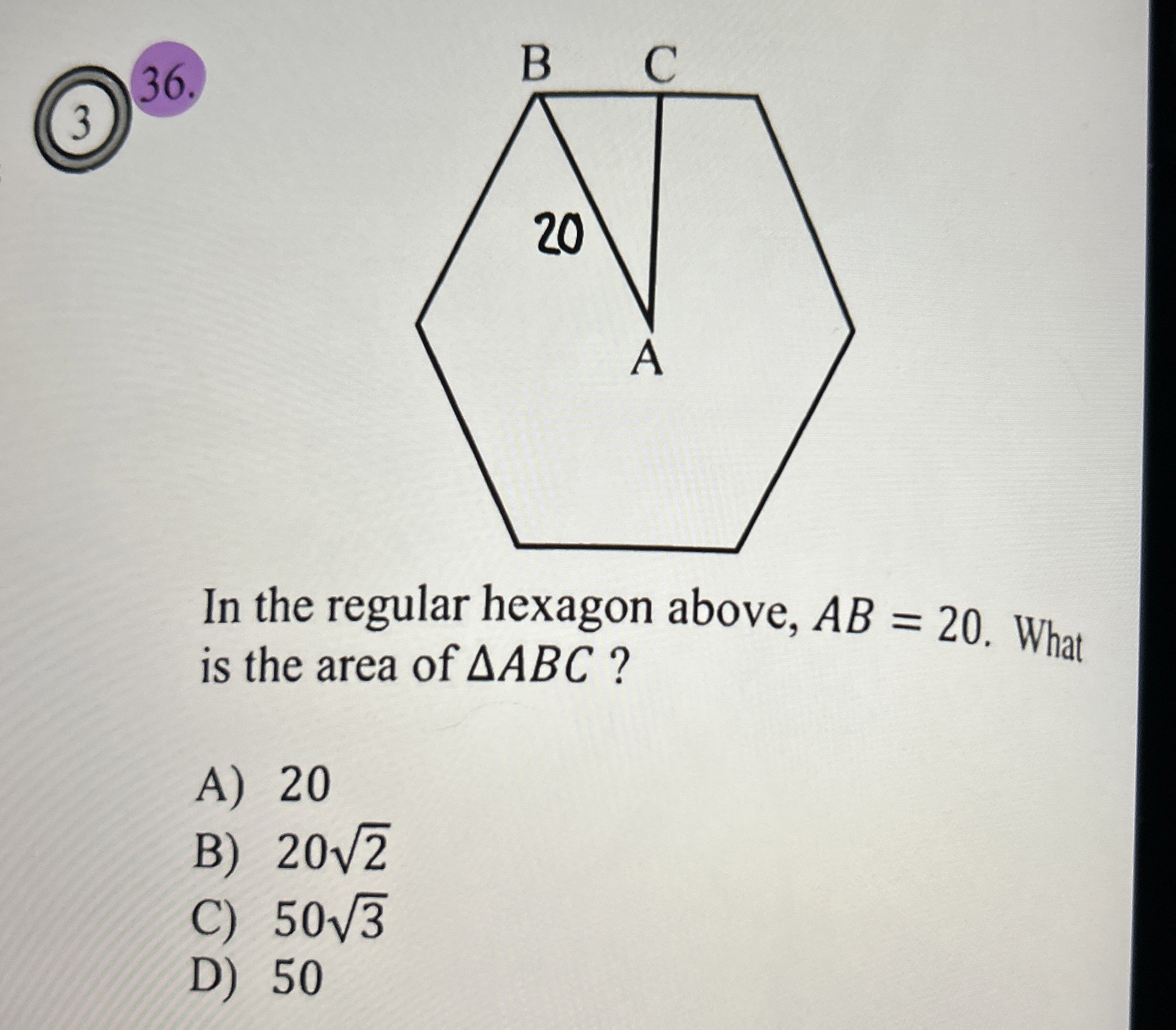Solved (3) 36.In the regular hexagon above, AB=20. ﻿Whatis | Chegg.com