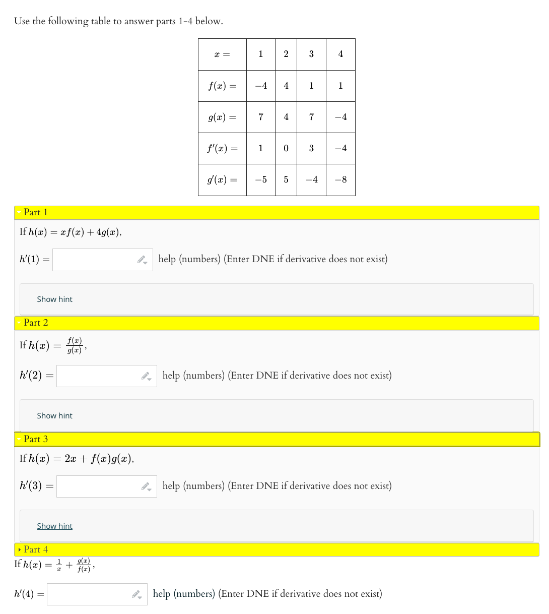 Solved Use the following table to answer parts 1-4 | Chegg.com