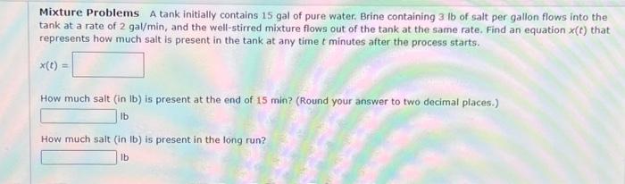 Solved Mixture Problems A tank initially contains 15gal of | Chegg.com