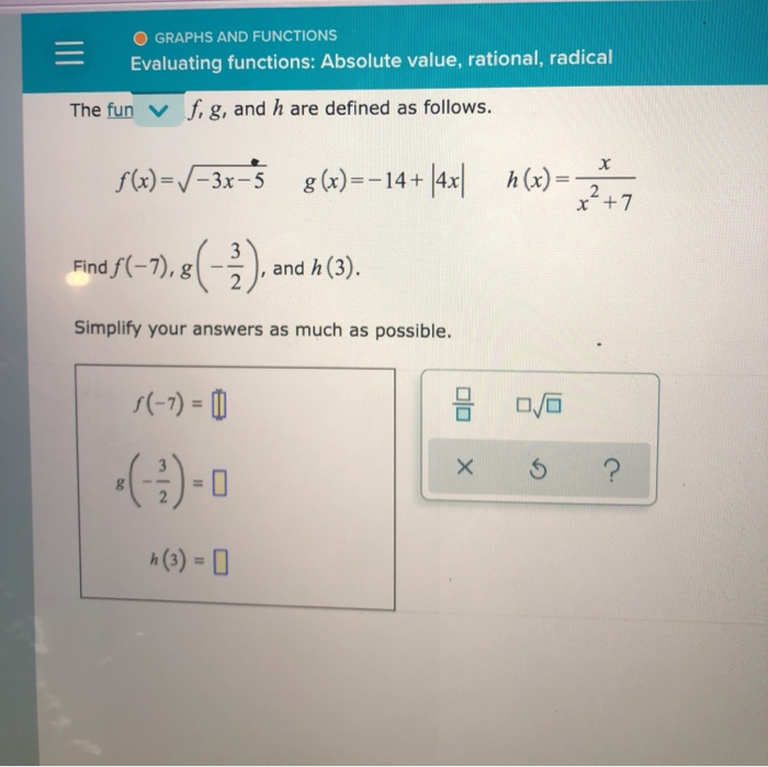 Solved GRAPHS AND FUNCTIONS Evaluating functions: Absolute | Chegg.com