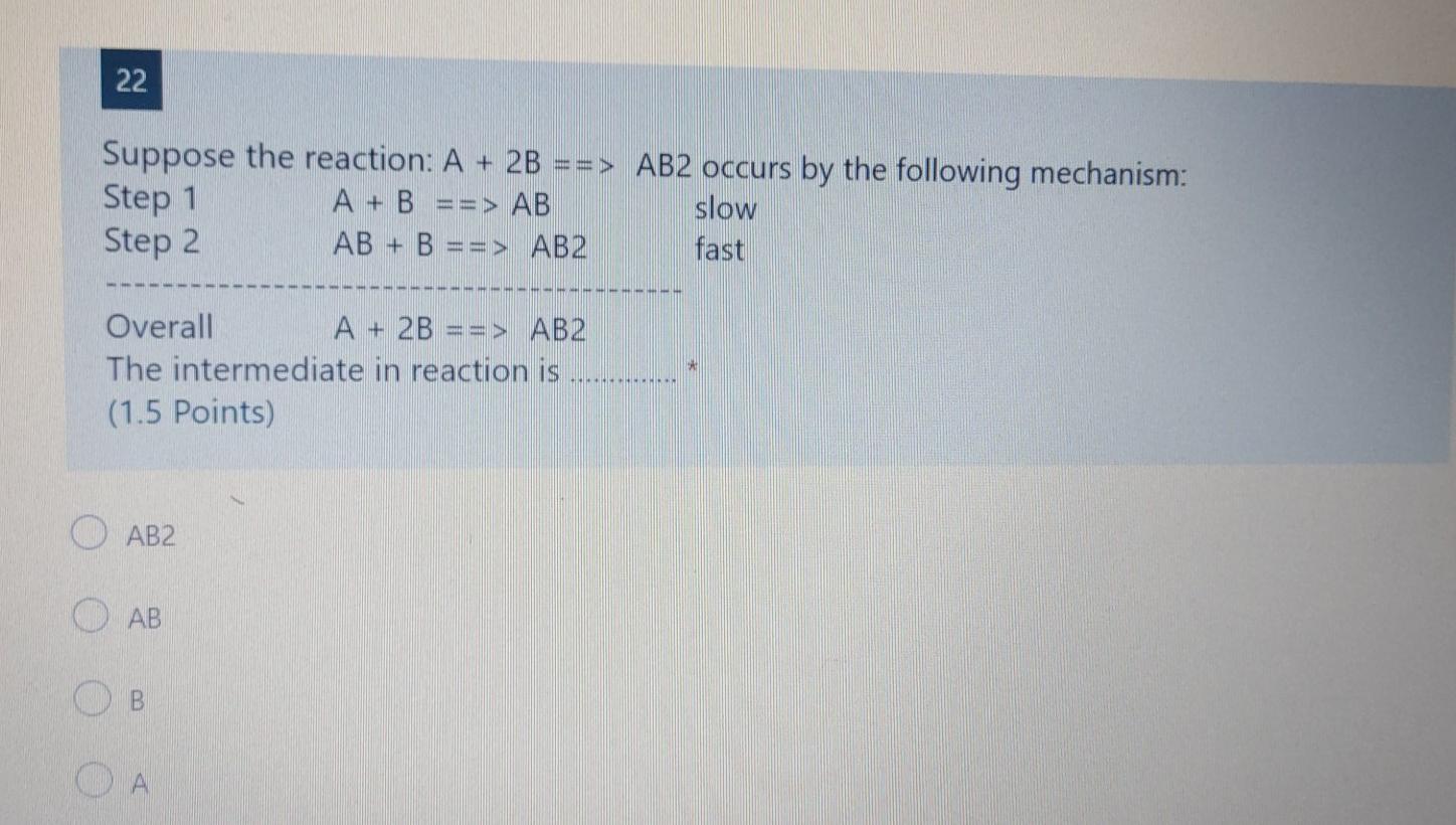 Solved 22 Suppose the reaction: A + 2B ==> AB2 occurs by the | Chegg.com