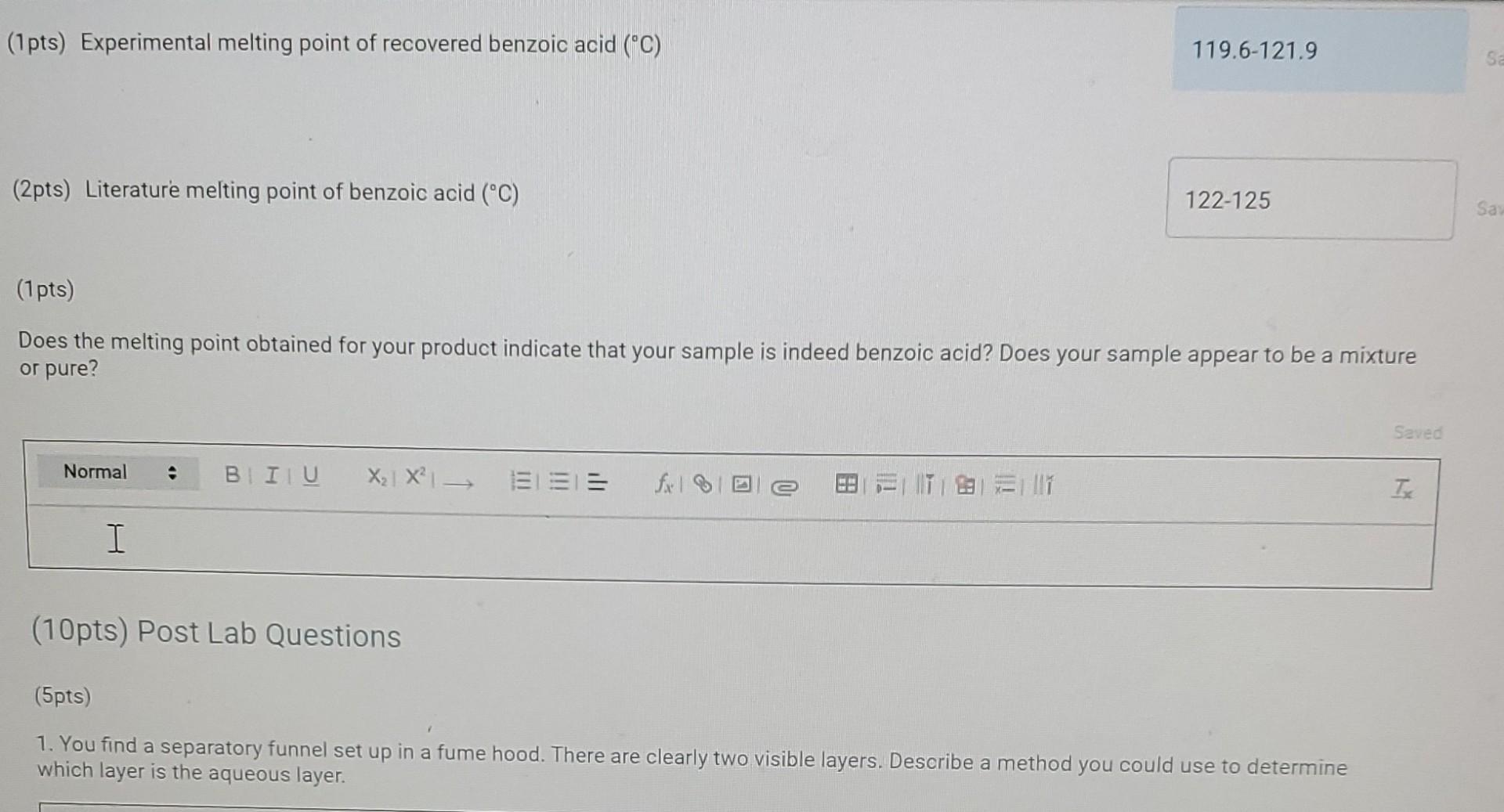 Solved (1pts) Experimental melting point of recovered | Chegg.com