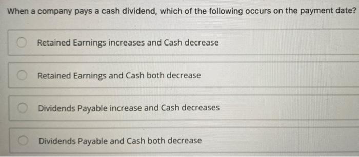 Solved When a company pays a cash dividend, which of the | Chegg.com